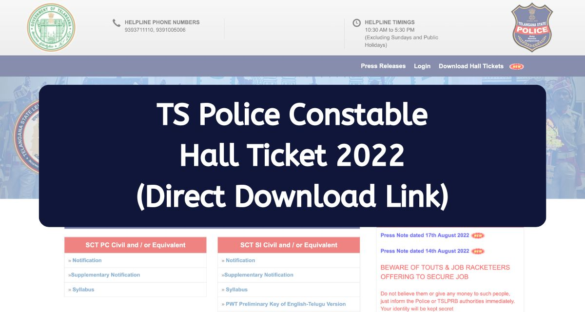 TS Police Constable Hall Ticket 2024: Download at www.tslprb.in